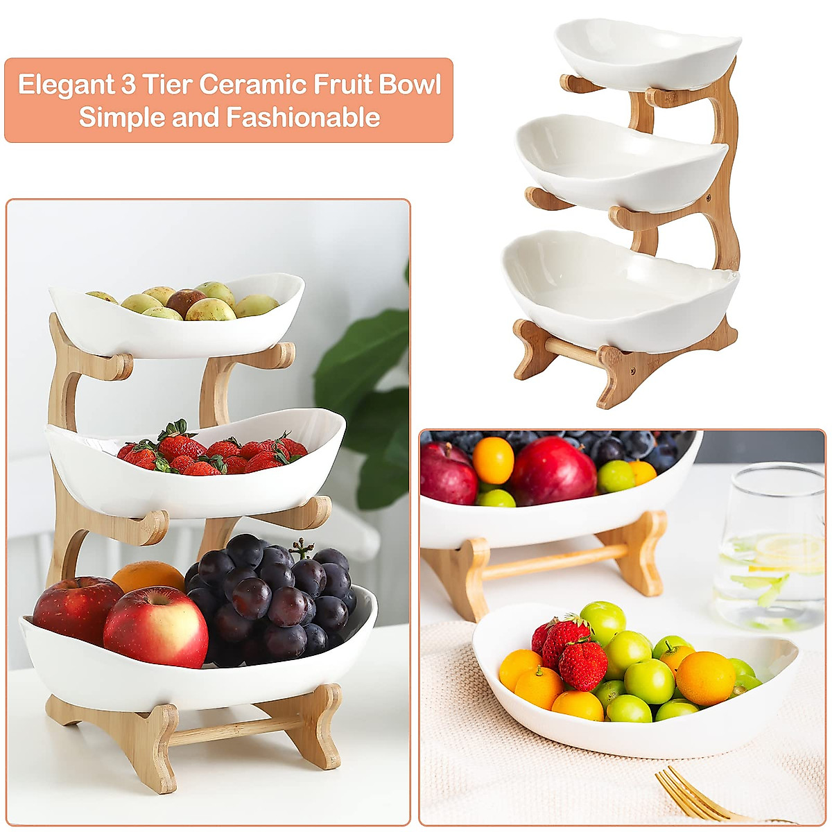 Goyappin 3 Tier Ceramic Fruit Bowl, with Bamboo Wood Stand, White Kitchen Fruit Basket Stand Fruit Serving Tray Set for Vegetable Storage, Snack Dessert Cake Candy Tray Plate Holder
