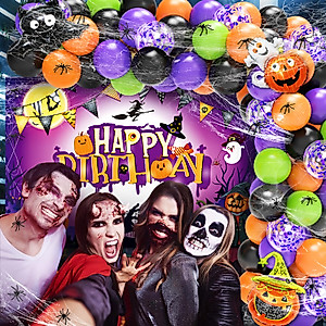 Halloween Birthday Party Decorations, Halloween Themed Birthday Party Decorations with Purple Orange Balloons Garland Happy Birthday Backdrop Tablecloth Spider Web for Halloween Boo Day Decorations