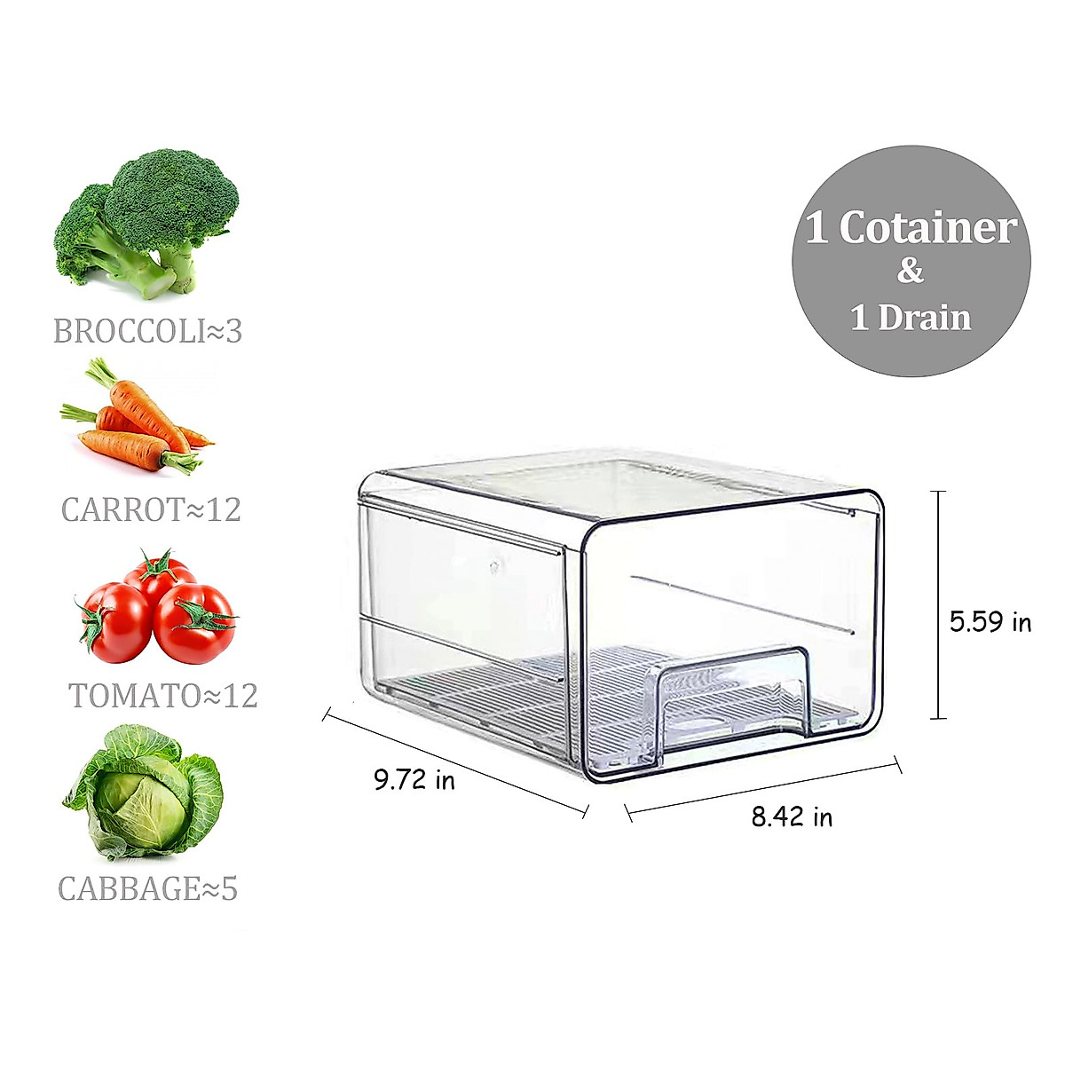 YouLike 2pack Stackable Fridge Drawers Pull Out Bins for Refrigerator Organizer Clear Food Storage Container Set With Drain for Pantry Kitchen Cabinet Office Organization