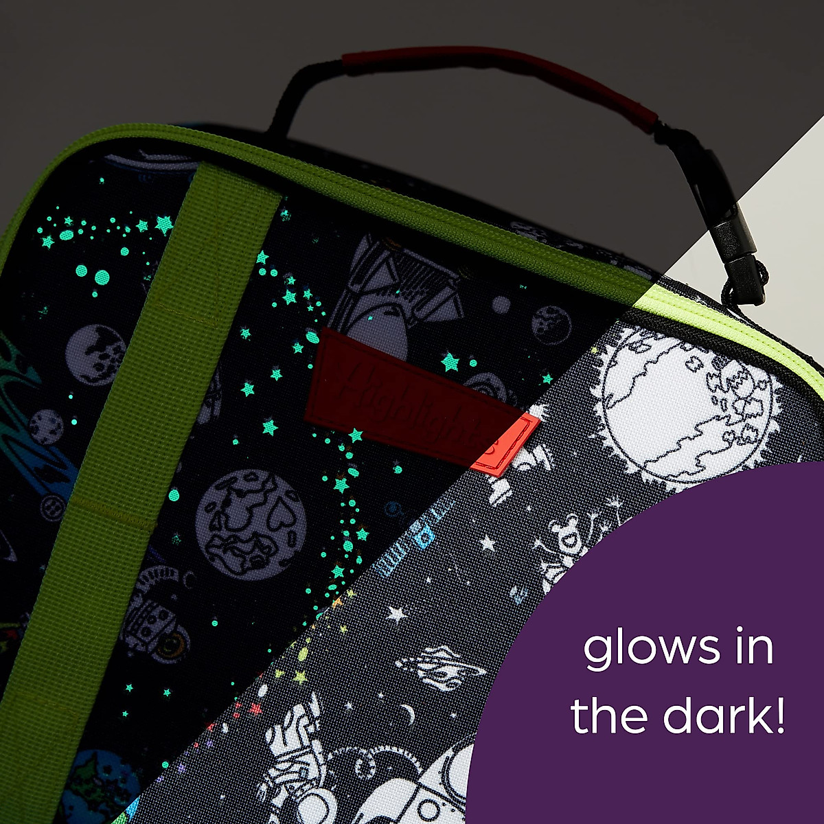 Highlights for Children Lunch Box for Kids, Reusable Insulated Lunch Boxes for Boys and Girls, Food-Safe Easy-Clean Lunch Bag for School (Space Glow-in-the-Dark - Black)