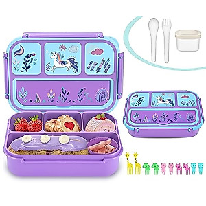 Sunhanny Bento Lunch Box for Kids - 4 Compartments, Sauce Container, Utensils, Food Picks and Muffin Cups, Purple Unicorn