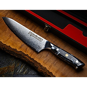 EXCALIBLADES Ultra Sharp 8" Damascus Chef's Knife. High Carbon 67-layers VG10 Stainless Steel Kitchen Knife, Ultra Sharp with Full Tang. Black Turquoise Ergonomic G10 Handle.