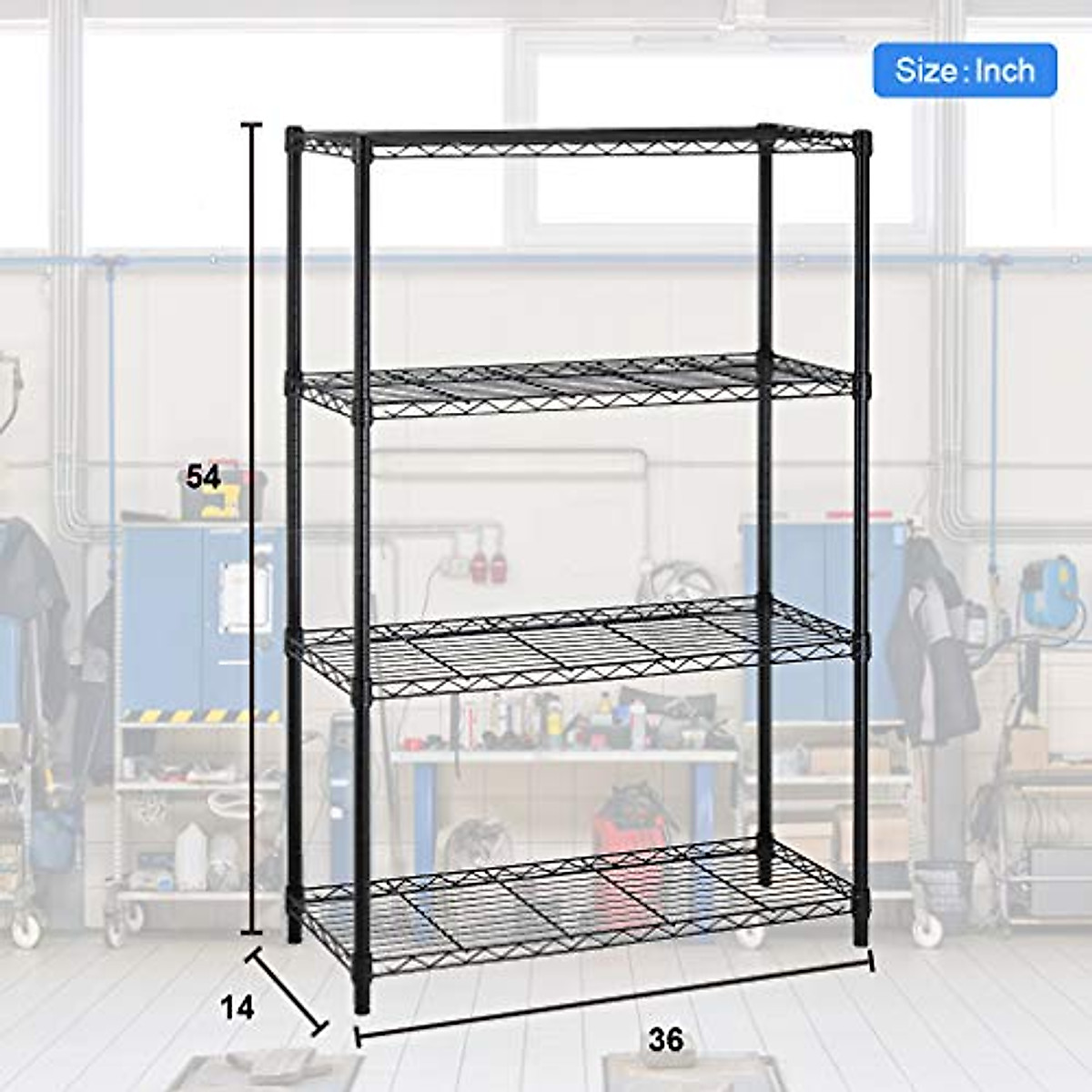 4 Shelf Wire Shelving Unit Garage NSF Wire Shelf Metal Large Storage Shelves Heavy Duty Height Adjustable Utility Commercial Grade Steel Layer Shelf Rack Organizer 1000 LBS Capacity 14x36x54,Black