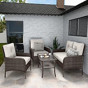 INTER HUT 4-Piece Outdoor Furniture Set - PE Rattan Wicker Loveseat, 2 Chairs, and Steel Table Conversation Set for Patio, Backyard, Poolside and Lawn