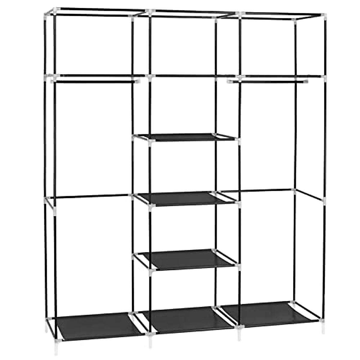 GOODSILO 69 inch Tall Portable Wardrobe Closet Clothes Organizer Clothing Storage with 2 Side Hanging Rod and 12 Storage Shelves and Non-Woven Fabric Cover for Bedroom, Home, Apartment, Dorm Black