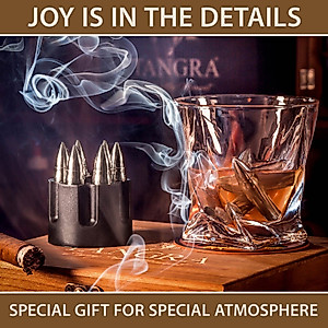 Golden Whiskey Stones Extra Large 6 Laser Engraved Stainless Steel Bullets with Revolver Barrel Base Reusable Chilling Rocks Stone Ice Cubes Chillers Birth Day Gift Set for Father's Day, Military Man.