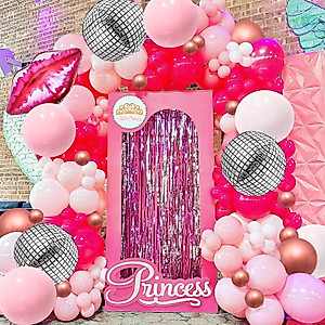 Dumilla Pink Balloon Garland Arch Kit, 134PCS Hot Pink Light Pink Rose Gold White Balloons with Silver Disco Ball Balloon for Girls Women Birthday Princess Theme Bridal Shower Baby Shower Decorations
