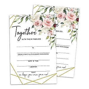 WwongxianB Set of 25 Wedding Rose Floral Glitter Invitations with Envelopes, Modern Invites for Bridal Shower, Wedding Shower Reception, Evening Invitations, Fill in Style Invites Cards -007