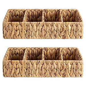 StorageWorks Small Wicker Baskets with 4 Sections, Water Hyacinth Baskets for Organizing, Handwoven Desk Baskets for Pantry, Coffee Bar, Shelves, 2 Pack