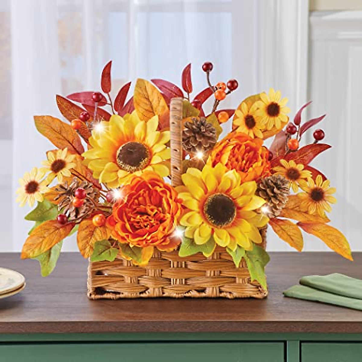 Collections Etc LED Lighted Autumn Floral Basket Decoration