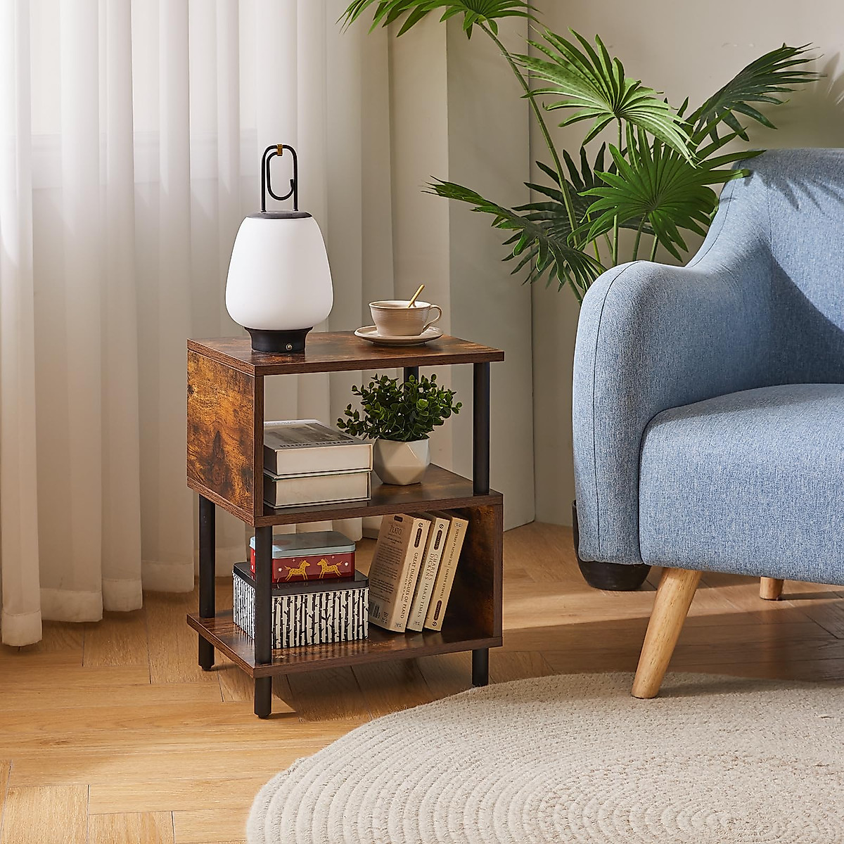 Aibiju Side Table for Bedroom, Narrow End Table Small, Mid-Century Modern Nightstand with Open Storage Shelf, Small Table Rustic Brown/Black YD-TM152H