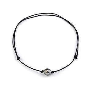 The Pearl Source 10-11mm Baroque Genuine Black Tahitian South Sea Cultured Pearl Adjustable Leather Necklace for Women