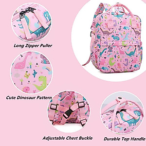 Cute Preschool Backpack Toddler School Book Bag for Girls Boys Kids Kindergarten Nursery Travel Bag with Chest Strap(15inch, Pink Dinosaur)