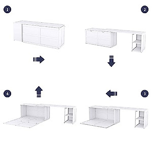 ATY Queen Size Murphy Bed with Rotable Desk, Solid Wood Bedframe w/Shelves, Can Converted into Cabinet, Save Space Design, for Kids, Students, Adults, Box Spring Not Required, White