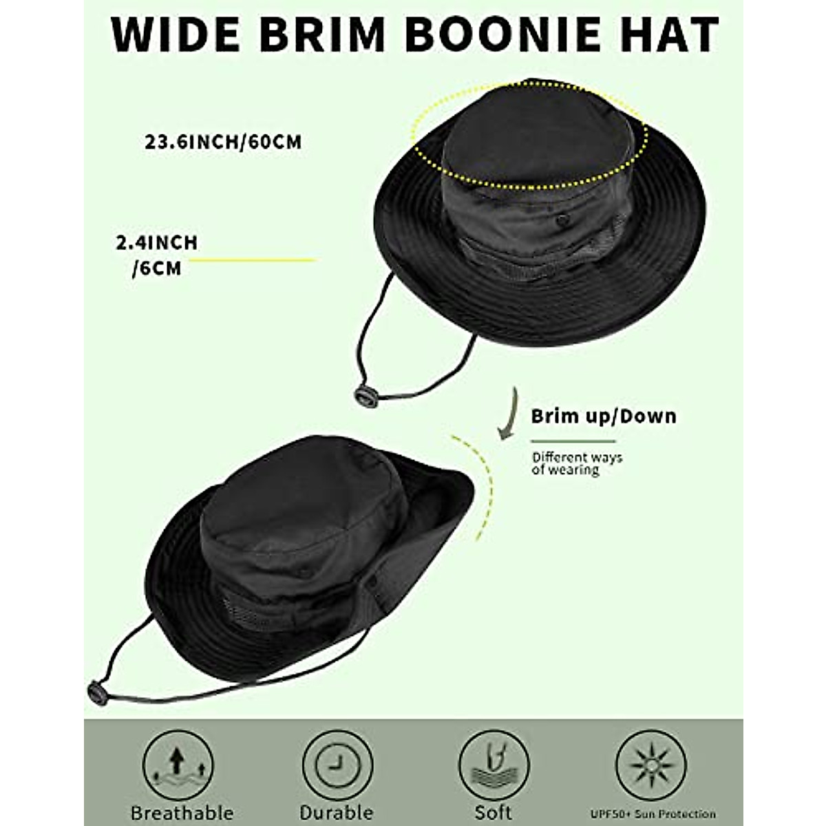 Sun Hats for Men Women Bucket Hat UPF 50+ Boonie Hat Foldable UV Protection Hiking Beach Fishing Summer Safari(1pack-Black)
