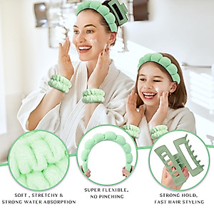 Wecoe Spa Headband And Wristband Set Skincare Headband For Washing Face Hair Claw Clips For Thick Hair Cute Green Puffy Sponge Makeup Headband Bubble Headband Wrist Towels Scrunchies For Women Girls