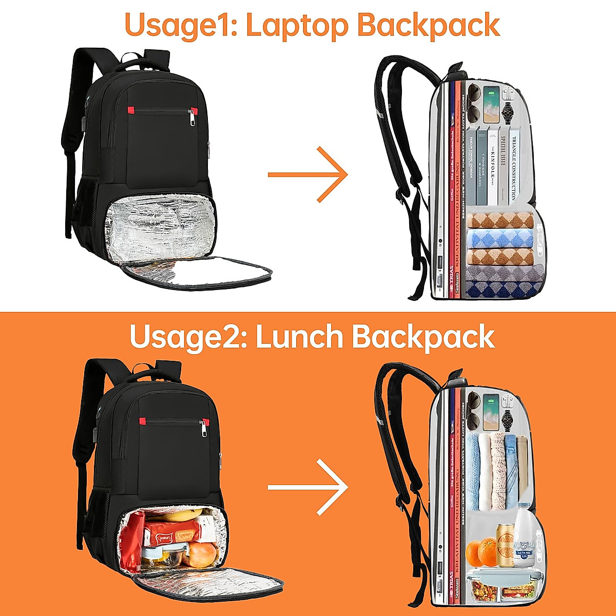 DAILY&DIARY Lunch Backpack, Insulated Cooler Backpack with Lunch Compartment for Men Women Water Resistant Lunch Bag 15.6 Inch Laptop Backpack Durable for Work, School, Camping, Picnics, Black