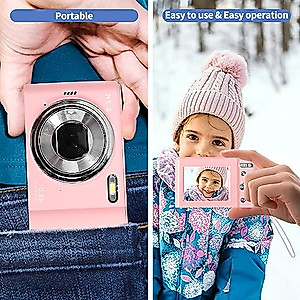 Pink Digital Camera, FHD 1080P Digital Camera for Kids, 48MP Point and Shoot Digital Cameras with 32GB SD Card 16X Digital Zoom, Compact Vlogging Camera Portable Mini Camera for Students Teens Adults