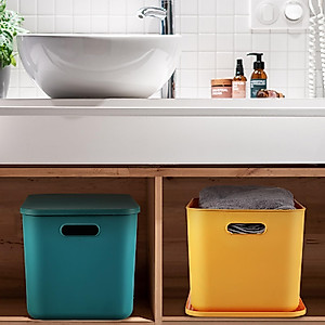 Hoolerry 8 Pieces Colorful Storage Bins with Lid and Handle, Plastic Stackable Baskets Desktop Cube Box Cubby Bins Containers for Shelf Cabinet Bedroom Office (Multi-colored,14.2 x 10.2 x 9.5 Inch)