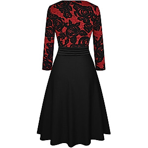 HOMEYEE Women's Chic V-Neck Lace Patchwork Flare Party Dress A062 (8, Red+Black Fabric B)