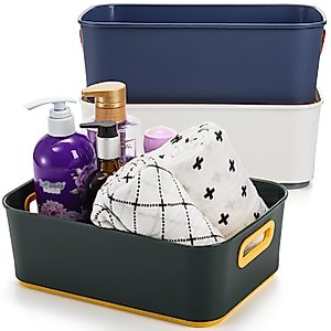Youeon 3 Pack Plastic Storage Basket with Handle, 10 x 8 x 4 Inches Plastic Storage Bins, Plastic Storage Containers, Shelf Baskets for Laundry Room, Bedroom, Pantry, Office, Classroom