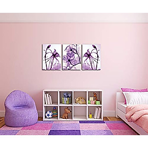 Meigan Art Modern Canvas Wall Art Home Decor Wall Art Painting Purple Flowers Art Wood Inside Framed Ready to Hang (12InchX16InchX3)
