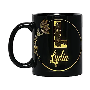 Coffee Mug Personalized Lydia Name & Initial Letter Monogram Floral Alphabet Mug Golden Flowers Custom Black Coffee Cup, Gift for Her Mom Coworker Sister, Wife, Girl 11oz Black Mug 514021