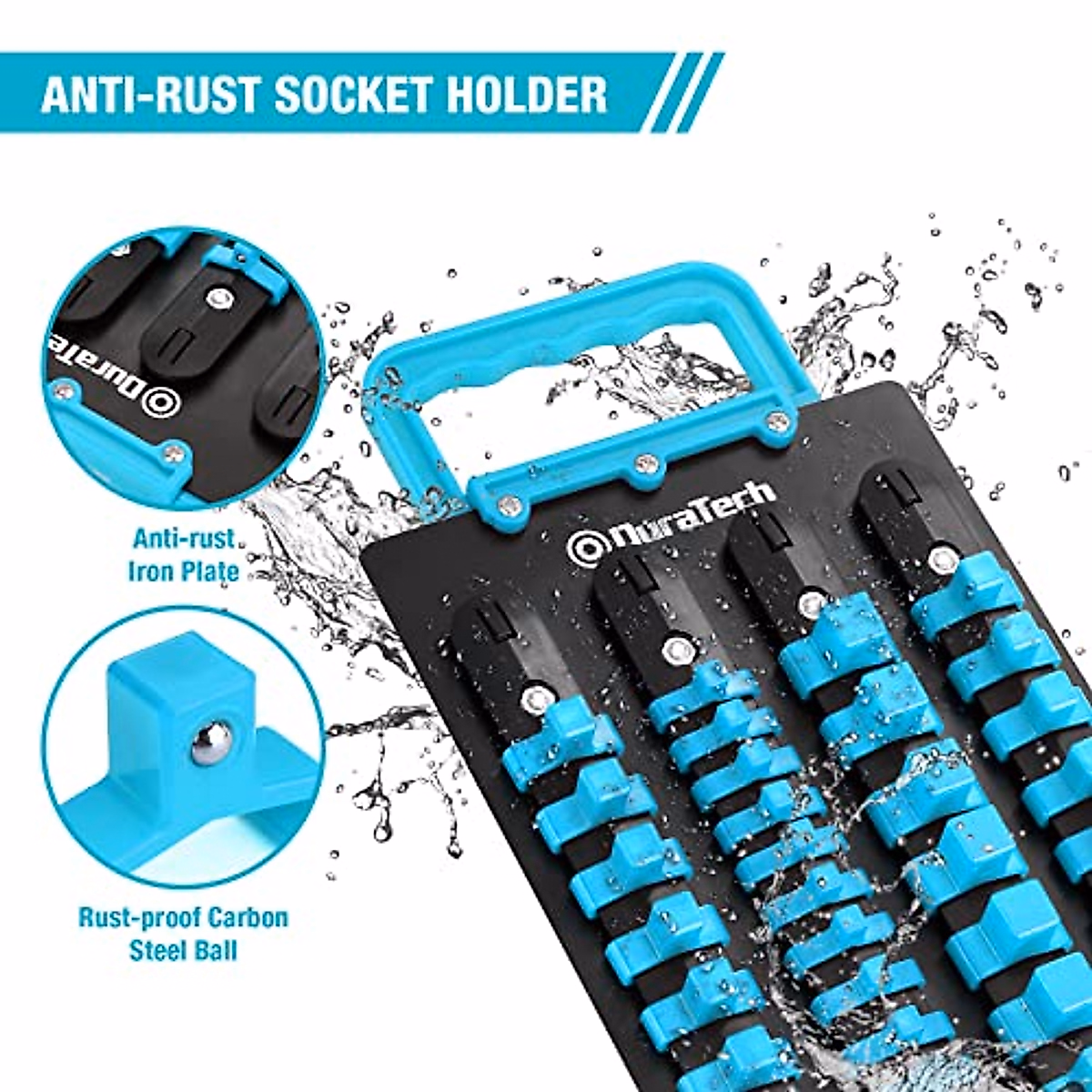 DURATECH Socket Organizer, 48-Piece Portable Socket Holder with Handle, ABS Socket Tray Wall and Tool Cart Mounted, 1/4", 3/8", 1/2" Drive Socket Organizer Tray, Blue(Socket not Included)