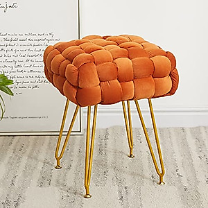 Square Velvet Vanity Stool, Upholstered Ottoman Foot Rest with Adjustable Metal Legs, Makeup Ottoman for Bedroom, Dressing Room, Living Room, Orange