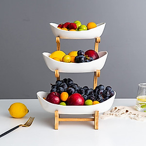 CNCEST 3 Layer Ceramic Fruit Plate Bamboo Wooden Frame Household Sushi Basket Bowl Holder Multi-Layer Tray Storage Rack Vegetables Stand Kitchen Organizer White