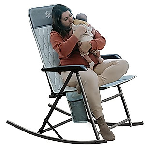 TIMBER RIDGE Padded High Back Folding Rocker Side Pocket Portable Rocking Lawn Chair Foldable for Camping Patio Garden, Supports 300 LBS, Grey