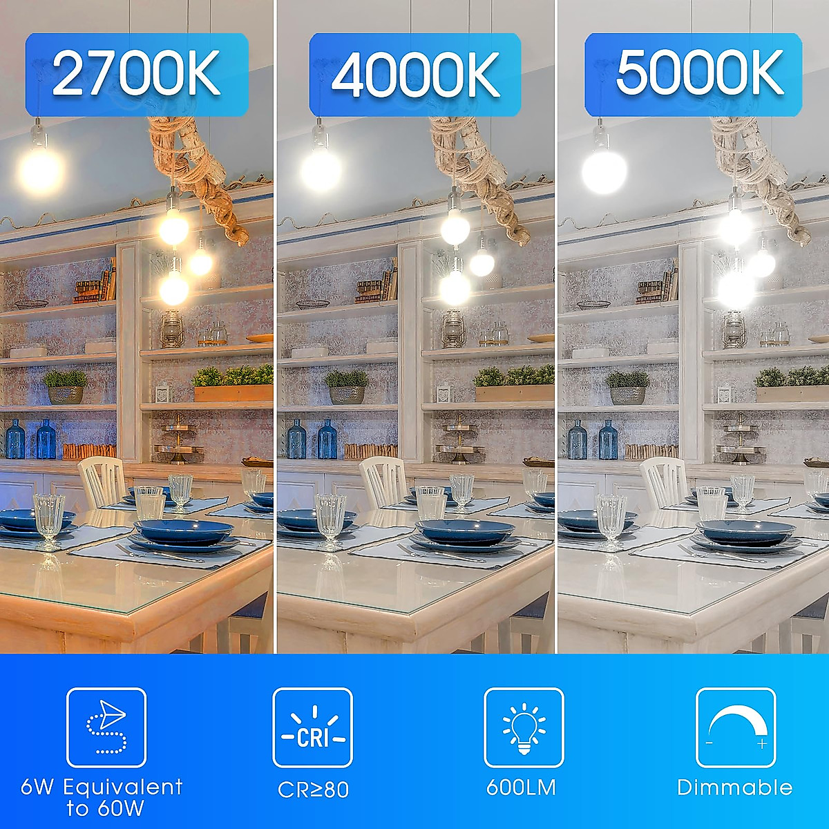 Vanity Globe Light Bulbs G25 LED for Indoor Bathroom Mirror Living Area, 5000K Daylight, Dimmable 600 Lumens, 6W, E26 Base, Round Frosted Classic Ambient Decorative Bulb - UL, 8-Pack