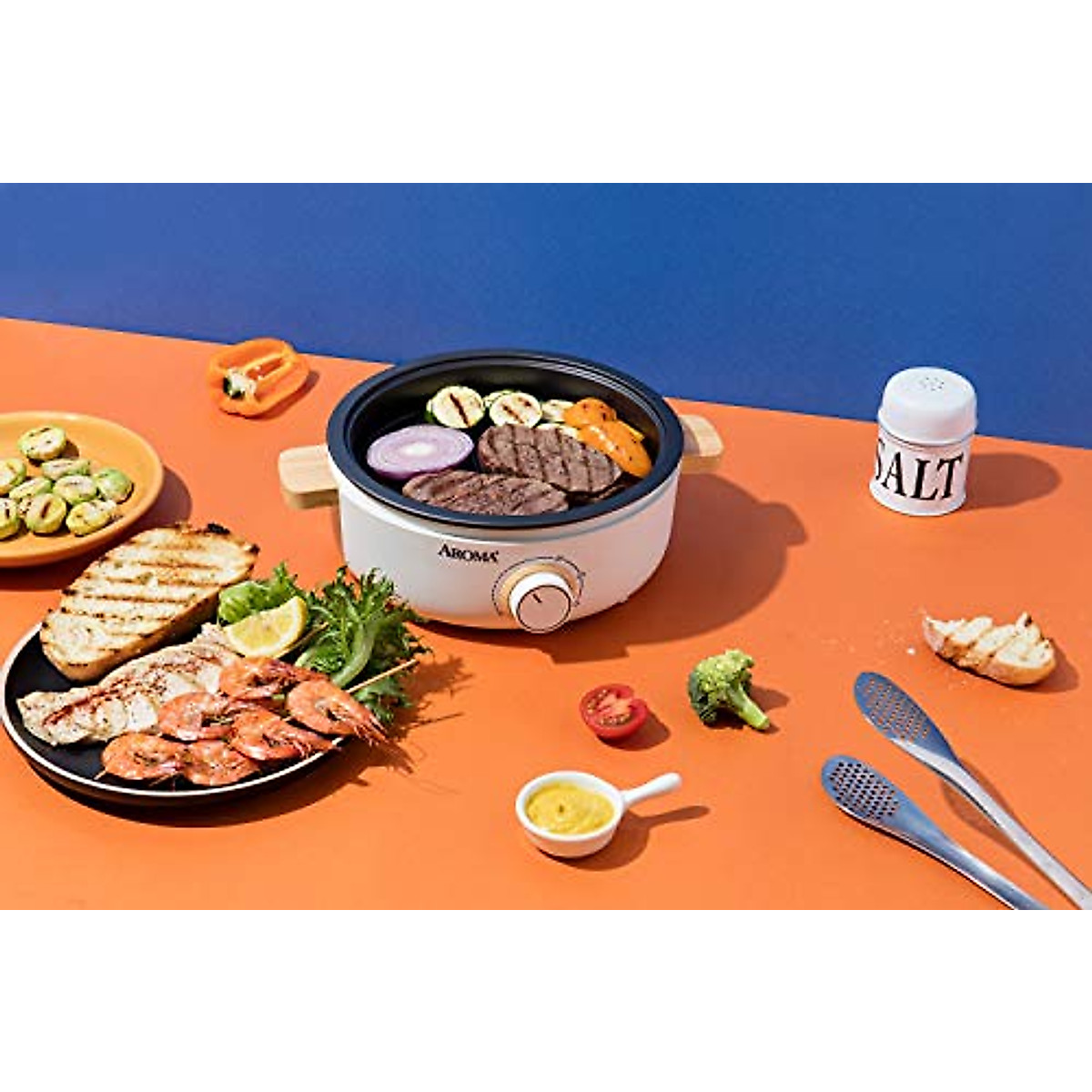 Aroma Housewares AMC-130 Whatever Pot, Indoor Grill, Cooking, Hot Pot with Glass Lid, Bamboo Handles, 2.5L, Stainless Steel/White