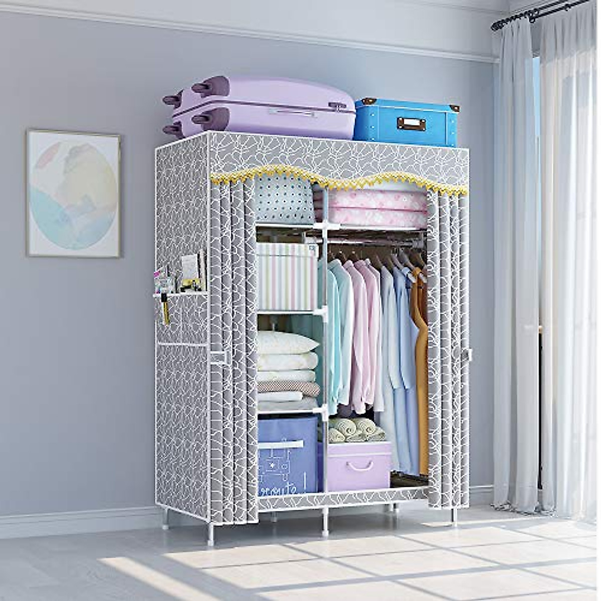ldab Portable Wardrobe Closet, Bedroom Clothes Closet Storage Organizer with Storage Shelves, Hanging Rack & Side Pockets, 41" L x 18" W x 67" H, Extra Strong and Durable -Grey Pattern