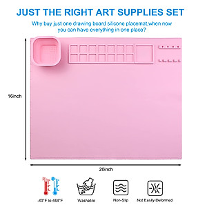 Queceuy Silicone Painting Mat，20"X16"Silicone Art mat with 1 Water Cup ，Handmade erasable Washable，for Resin, DIY, Clay, Play Doh Silicone Drawing mat for Children（Pink）