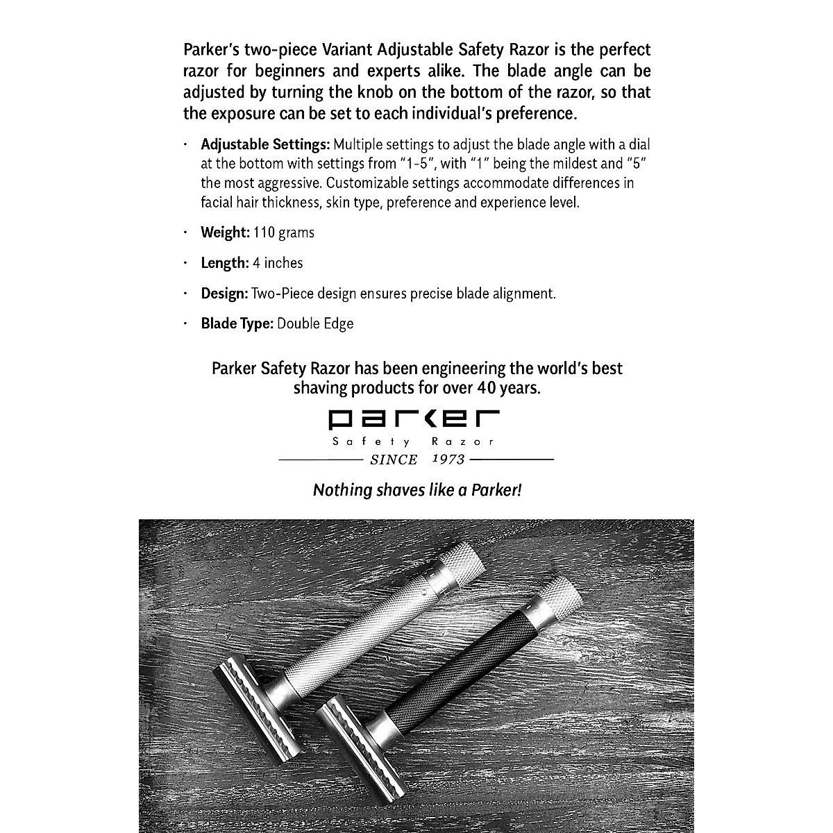 The Parker Variant ADJUSTABLE Double Edge Safety Razor, Customize your Shave with a Turn of the Dial from Mild to Aggressive - 5 Blades Included (SATIN CHROME)