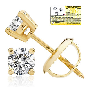 MAX + STONE IGI Certified 1/2 Carat Lab Grown Diamond Stud Earrings in 14k Real Yellow Gold with 4-Prong Setting