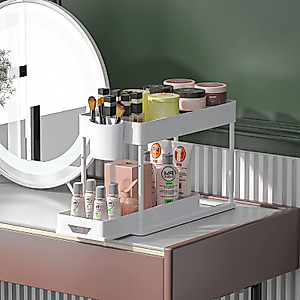 Seasky 2 Pack Adjustable Height Under Sink Organizers and Storage, 2 Tier Sliding Bathroom Organizer, Kitchen Organizer Multipurpose Under Sink Cabinet Storage with 8 Hooks and 2 Hanging Cup