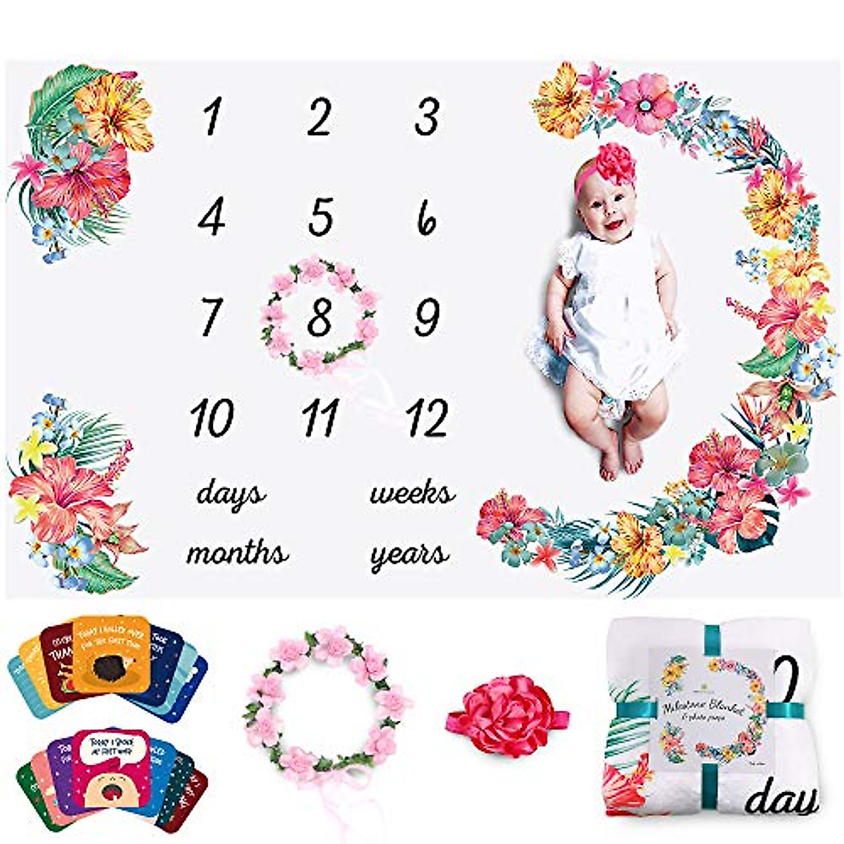 ATHENA FUTURES Baby Monthly Milestone Blanket for Girl, Baby Gifts, Baby Milestone Blanket for Baby Girl, Blankets for Newborn Girls, 60"x40" Soft Floral Blanket with Wreath & Hairband Markers