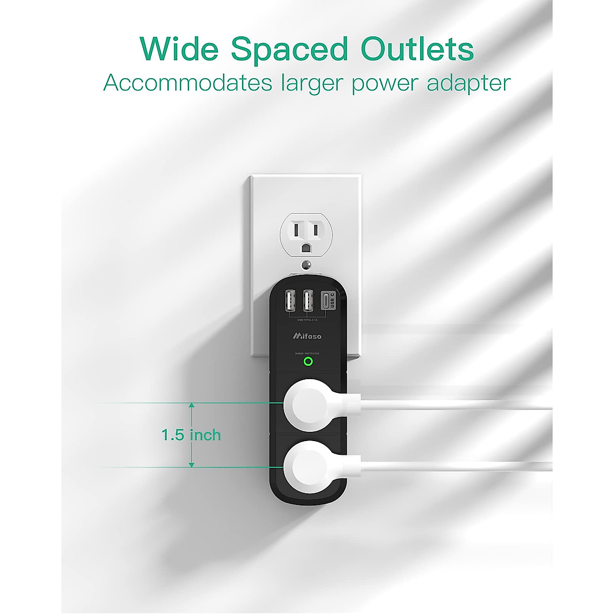 USB Outlet Extender Surge Protector - with Rotating Plug, 1800 Joules, 6 AC Multi Outlet and 3 USB Ports (1 USB C), 3-Sided Swivel Power Strip with Spaced Splitter for Home, Office, Travel