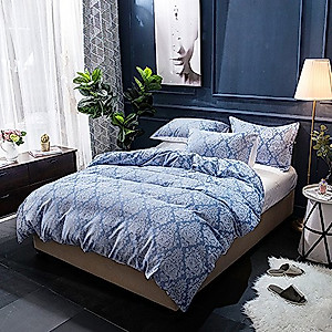 Merryfeel Damask Duvet Cover Set King, Classic Jacquard Duvet Cover Set,3 Pieces Bedding Set-Blue King