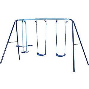JYGOPLA 2 in 1 Metal Swing Set with Glider, Heavy Duty A-Frame with Two Swings Seats and One Glider, 4 Children, Ages 3 to 8 for Playground and Backyard, Blue