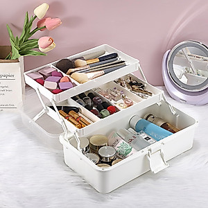 BTSKY 3-Layer Plastic Dividing Storage Box Craft Organizer and Storage with Adjustable Spacers Portable Handled Art Supply Organizer Multipurpose Home Utility Box for Medicine Box Sewing Box Organizer (Beige White)