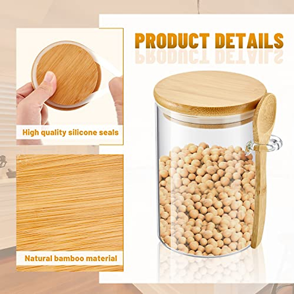 Tessco Set of 4 Sugar Container Airtight Glass Jars with Bamboo Lids and Spoons 17oz Glass Canisters Glass Jars Lid Sealed Glass Coffee Containers Food Jars Canisters for Kitchen Spice Beans