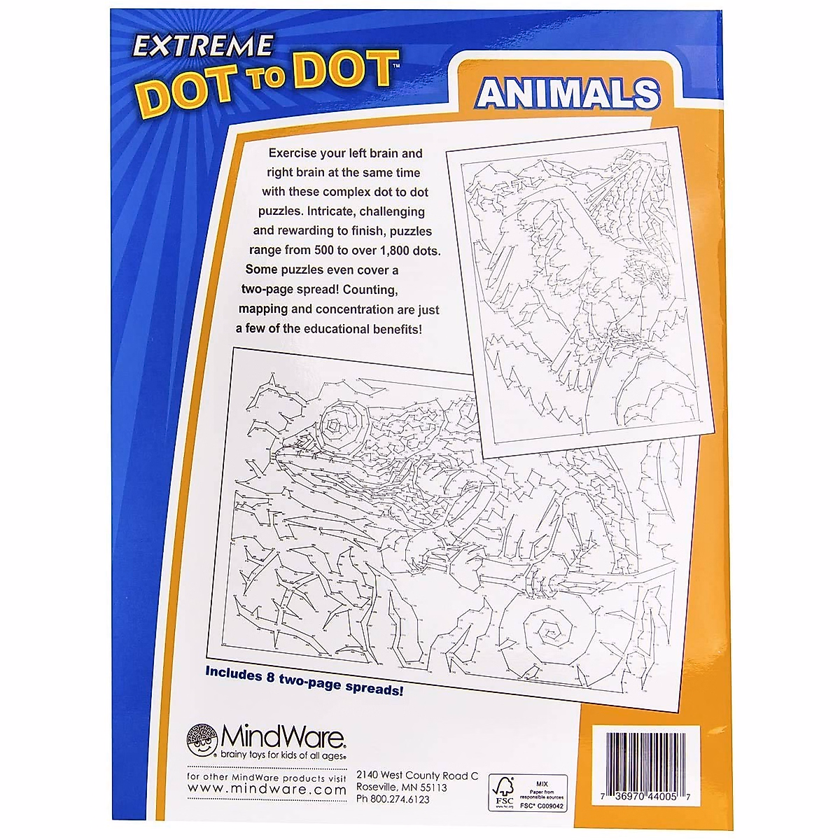 MindWare Extreme Dot to Dot Animals Book Puzzles Range from 300 to over 1,400 Dots Features 8 2-Page Spreads