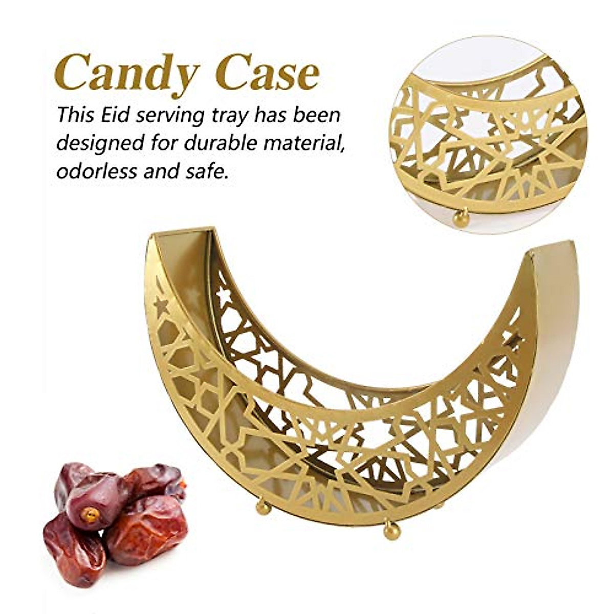 ULTNICE Ramadan Eid Plate Iron Serving Tray 3D Moon Shaped Islam Platter Candy Dish Snacks Dessert Holder Pastry Tray Dishes for Muslim Ramadan Mubarak Home Party Supplies Golden