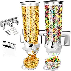 Food Dispensers 2 PACK Wall Mount Double Dry Cereal Dispenser, Convenient Storage Dual Control for Cereal Nuts, Coffee Beans Trail Mix Candy Oatmeal Rice Pasta Candy Container, 50oz Each Cereals Bank