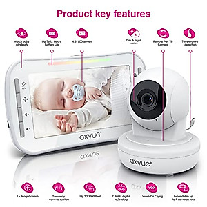 Video Baby Monitor with 4.3" Display & Remote Pan Tilt Camera, Auto Night Vision & Temperature Display,1000ft Long Range, 2-Way Audio Talk,12 Hours Battery, Power Saving Mode, Vox, Zoom in, No WiFi