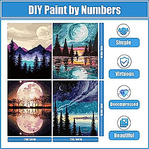 Suyaloo 4 Pack Paint by Numbers,Moon Paint by Numbers for Adults Kids Beginner,Landscape Drawing Paintwork with Paintbrushes DIY Acrylic Paint Canvas Oil Painting for Home Wall Decor 12X16Inch