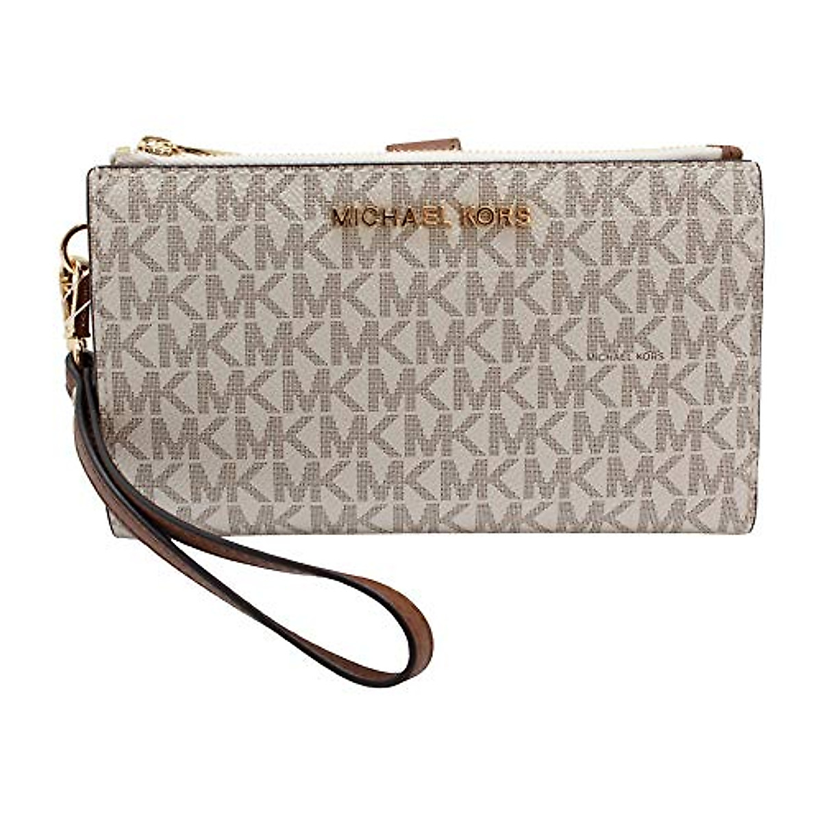 Michael Kors Jet Set Travel Double Zip Wristlet - Signature PVC (Vanilla PVC/Dark Acorn)